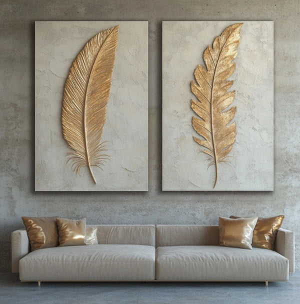 Golden Feathers Wall Art Set | Modern Gold Feather Canvas Duo - Sense ...