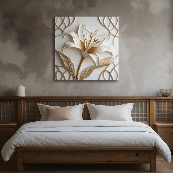 Graceful Lily Canvas Wall Art – Neutral Flat Floral Print with Sculpted ...